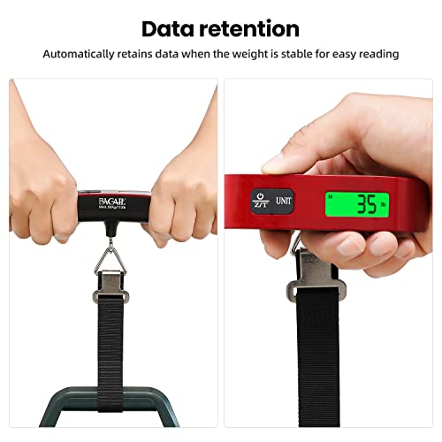 BAGAIL Digital Luggage Scale,110lbs Hanging Baggage Scale with Backlit LCD Display,Portable Suitcase Weighing Scale,Travel Luggage Weight Scale with Hook,Strong Straps for Travelers.(Red with Temp)
