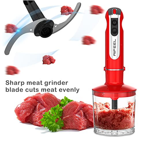 Immersion Hand Blender, Aifeel 5-in-1 Stick Blenderice blade,with Ice Crusher 500ml Food Grinder/Chopper, 600ml Container,Milk Frother,Egg Whisk,Puree Infant Food, Smoothies, Sauces and Soups(red)