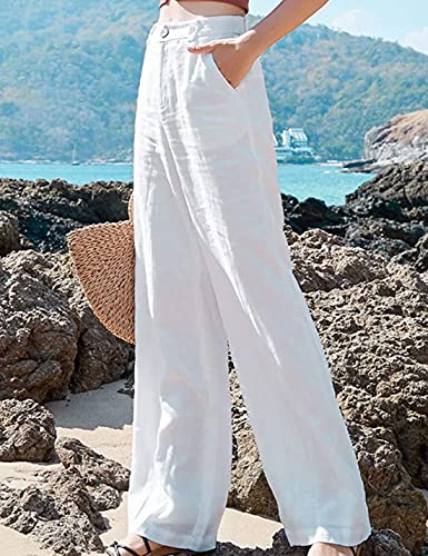 Hooever Womens Casual High Waisted Wide Leg Pants Button Up Straight Leg Trousers(White-L)