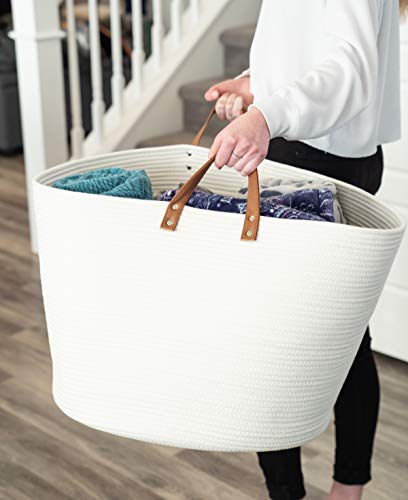 Sweetzer & Orange Extra Large Woven Cotton Rope Storage Basket – 23”x20.5”x15.5” w/Vegan Handles - Blanket Storage Baskets, Laundry and Toy Storage, Nursery Hamper - Off White XXL for Living Room