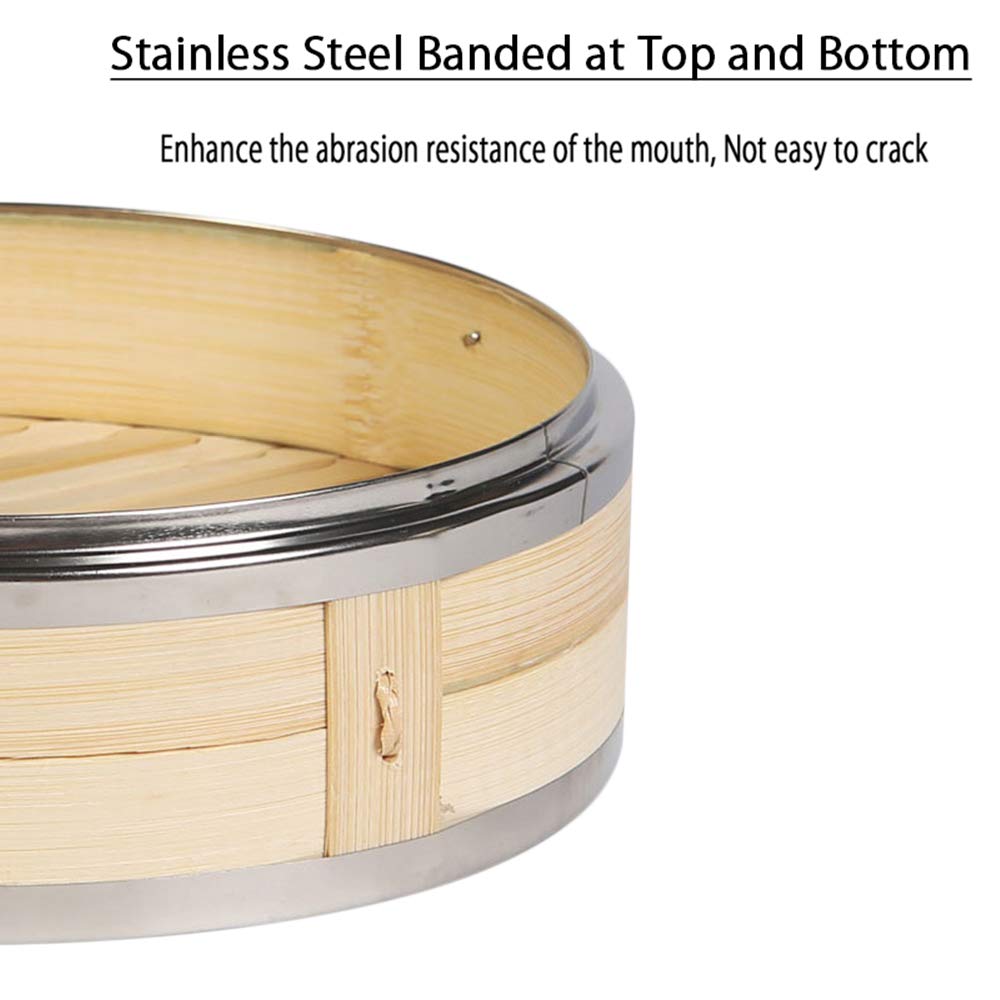 Hcooker 3 Tier Kitchen Bamboo Steamer with Double Stainless Steel Banding for Asian Cooking Buns Dumplings Vegetables Fish Rice