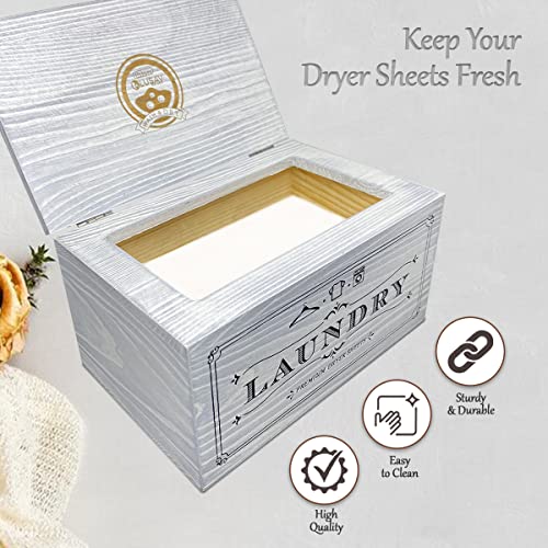 LUSAV Dryer Sheet Holder Dispenser with Hinged Lid for Laundry Room - Farmhouse Decor Dryer Sheets Container - with air Purifying Bag -Rectangular Box (Grayish-White) 7.9''x5''x4.2''