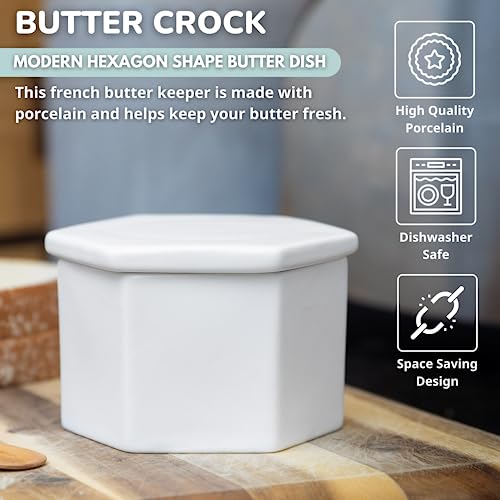 French Butter Crock w/Lid & Wood Spreading Knife - White Modern Butter Keeper for Counter - Modern Hexagon Shape Butter Dish - Stoneware Butter Crock - Dishwasher Safe Butter Storage