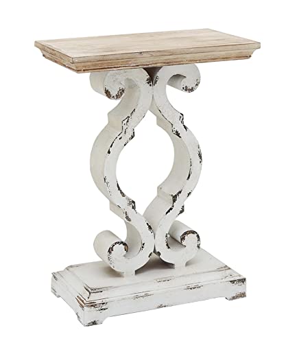 French Country Accent Wood Rectangle End Table, Farmhouse Rustic Wood Side Table with Natural Wood Top and Distressed White Carved Base, Vintage Table for Slim Spaces, 19.75 x 11.75 x 27.5 Inches
