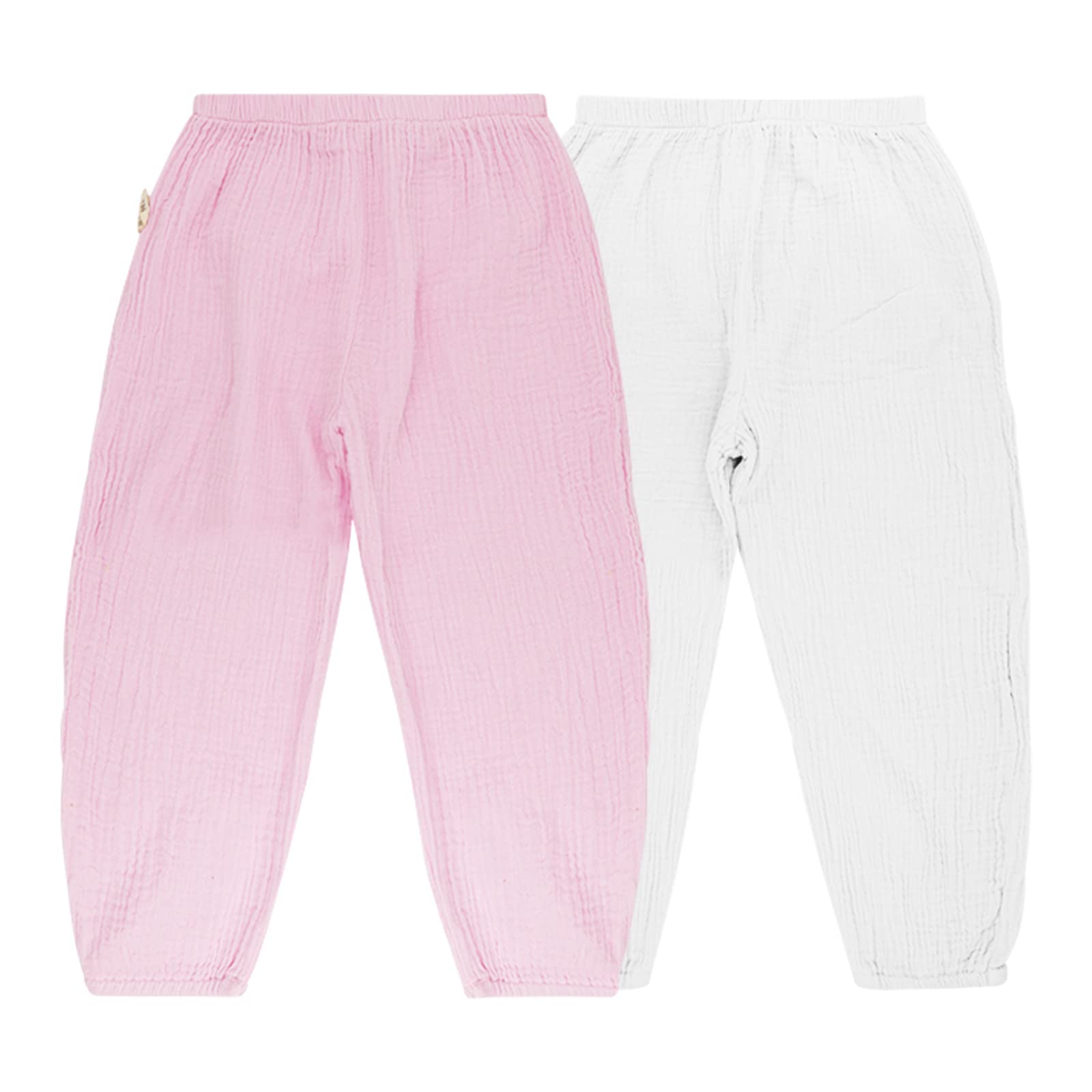 Bouclede Baby Girls Long Bloomers 2 Pack Soft Cotton Harem Pants Casual Linen Trousers (White and Pink, 2-3T)