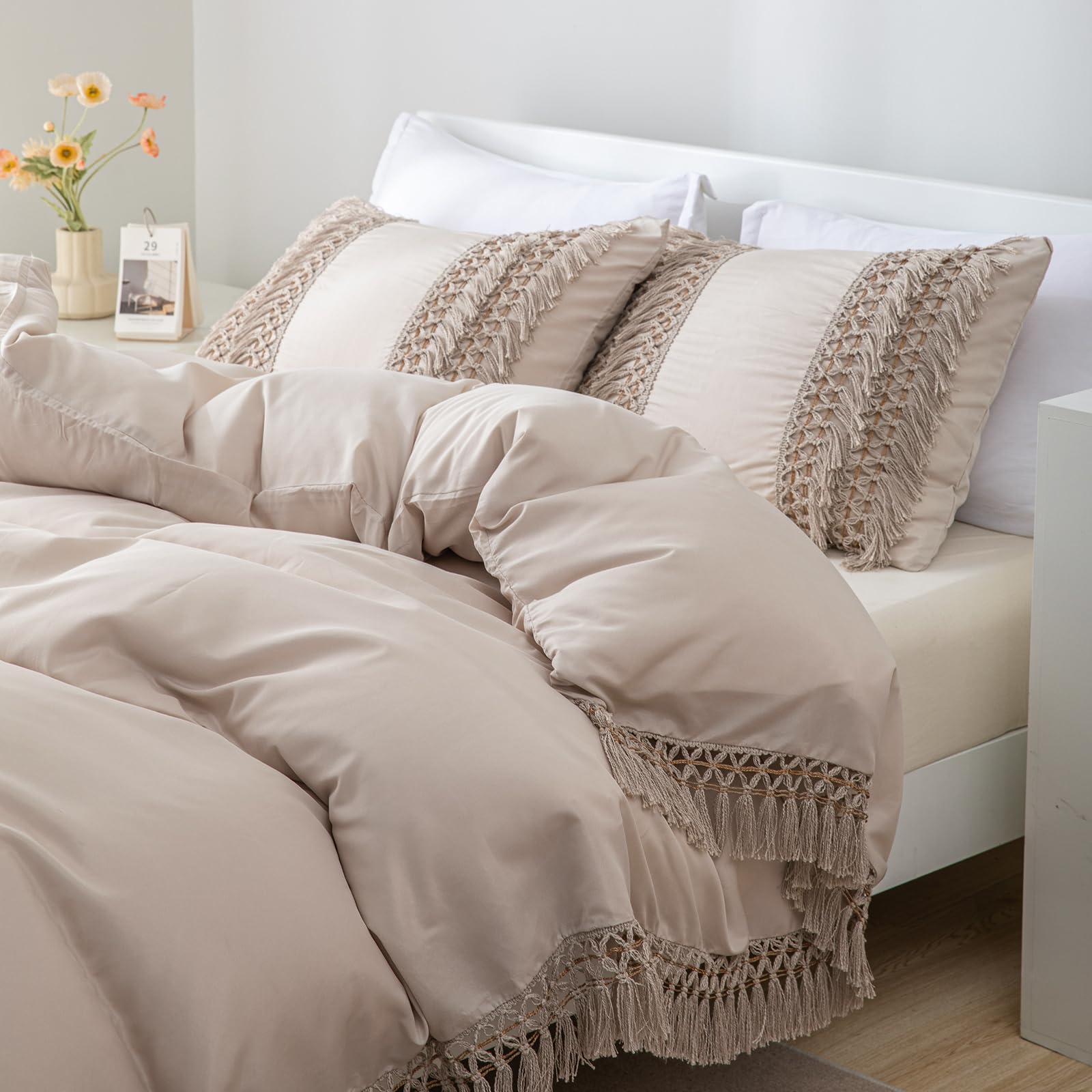 Boho Bedding Beige Cream King Duvet Cover Set Bohemian Tassel Macrame Bedding Rustic Farmhouse Room Decor Shabby Chic Beige Duvet Cover Set with 2 Boho Pillow Cover