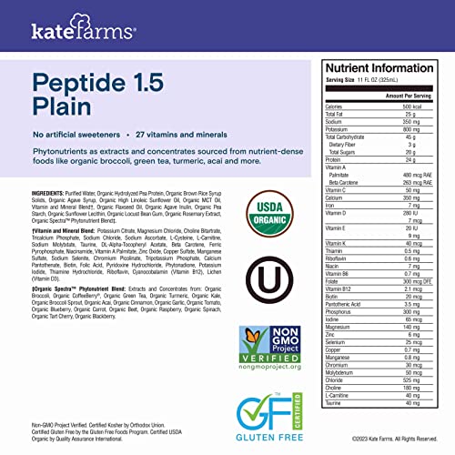KATE FARMS Organic Vegan Plant Based Pediatric Peptide 1.5 Formula, Unflavored Plain, Sole-Source Nutrition, Organic Enzymatically Hydrolyzed Plant-Based Protein Drink, Meal Replacement for Oral or Tube Feeding, 8.45oz. (Pack of 12)