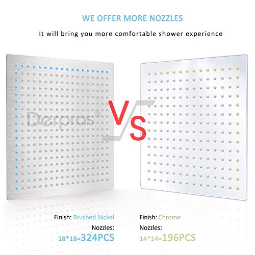 Derpras 16 Inch Square Rain Shower Head, 304 Stainless Steel, Ultra Thin High Pressure Bathroom Rainfall Showerhead (Brushed Nickel) (324 Jets)