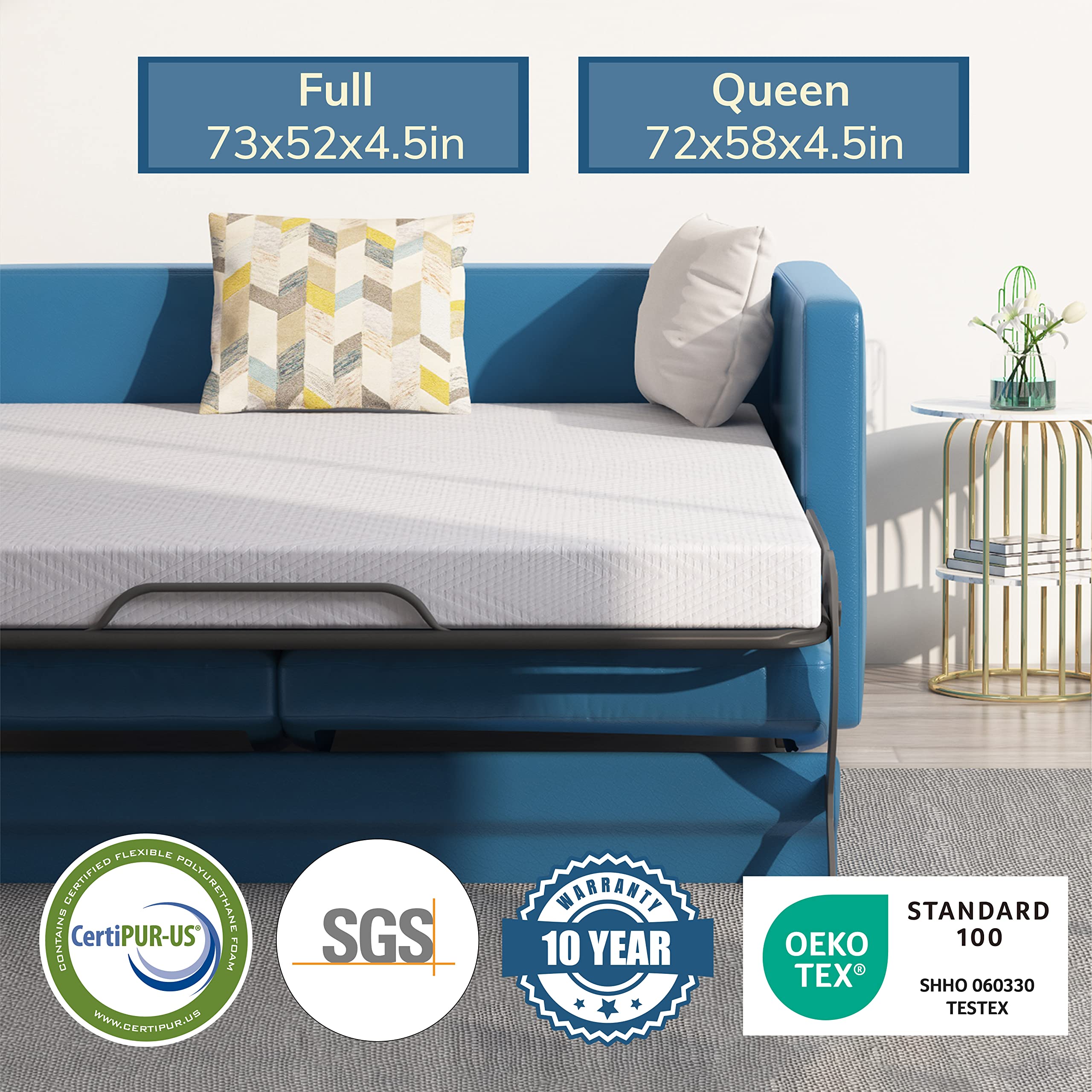EGOHOME Full Memory Foam Replacement Mattress Sleeper 4.5-Inch for Convertible Sleeper Sofa and Couch Beds, Cooling Gel Green Tea Mattress in a Box, 73”×52”×4.5”, Sofa Not Included