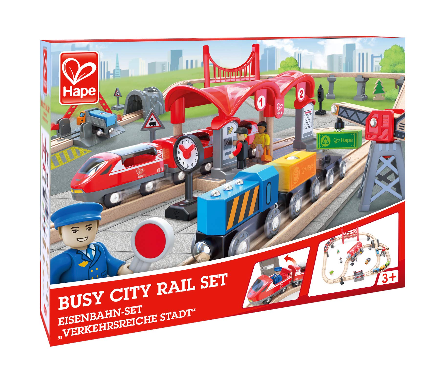 Hape Wooden Busy City Train Rail Set| 51 PCs Pretend Play Railway Set for Kids Age 3Y+