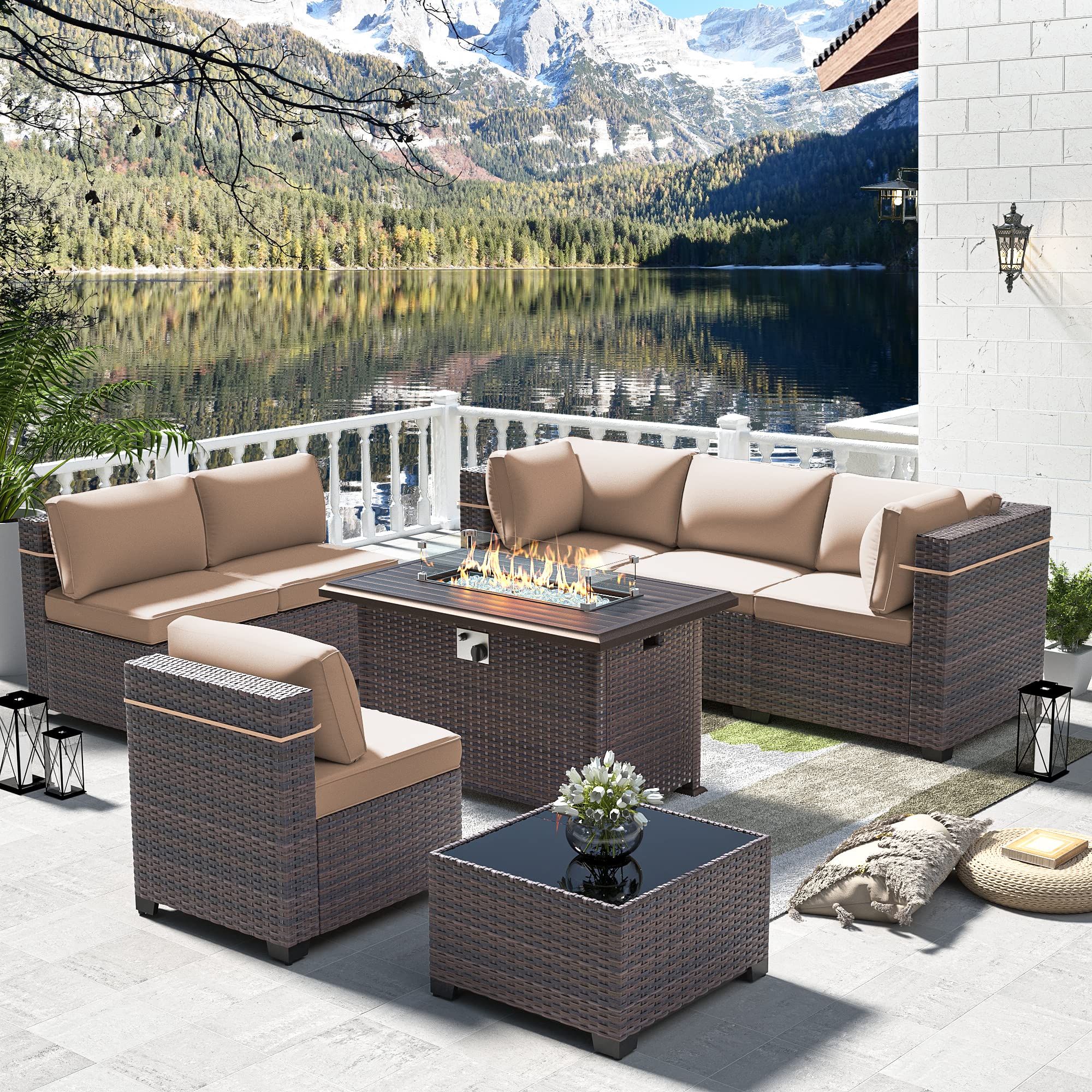 Gotland 8 Piece Outdoor Patio Furniture Set with Gas Fire Pit Table, Sectional Sofa w/43in Propane Fire Pit, 55,000 BTU Auto-Ignition Firepit w/Glass Wind Guard