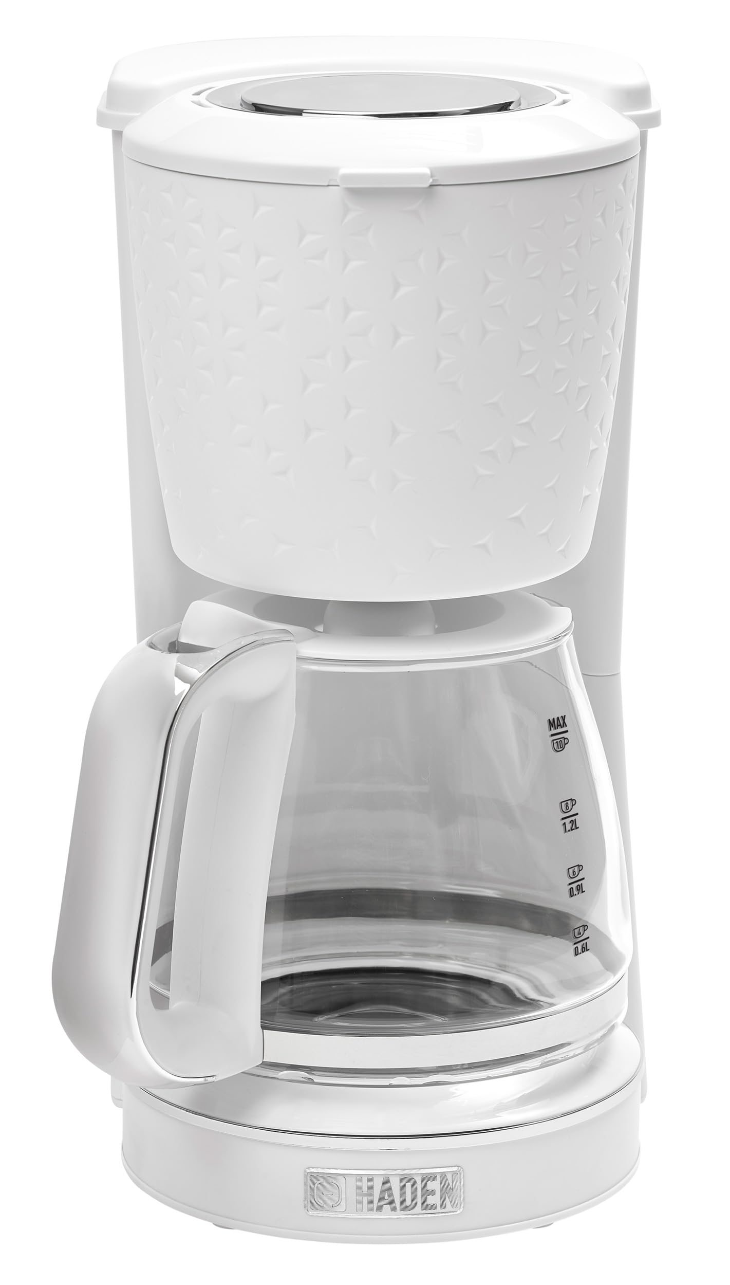 HADEN Starbeck Elegant Easy to Clean Drip Coffee Machine with Glass Carafe, 30 Second Anti Drip and Keep Warm Function, 1.5 Liter Tank, White/Chrome