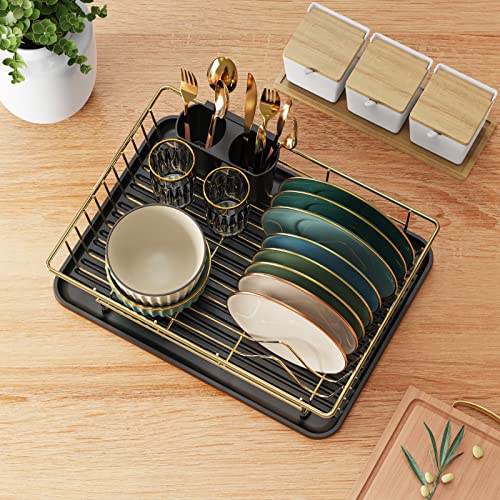 GSlife Dish Drying Rack with Drainboard - Dish Racks for Kitchen Counter, Dish Drainer with Utensil Holder, No Drain Spout, Gold and Black