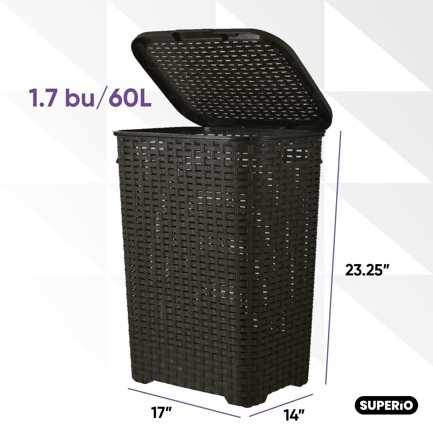 Plastic Laundry Hamper with Lid Laundry Hamper Basket, Brown Tall Cloths Hamper Organizer with Cut-out Handles. Space Saving for Laundry Room Bedroom Bathroom, Wicker Design 60 Liter