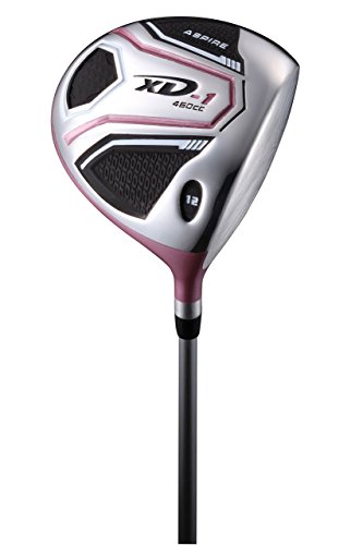 Aspire XD1 Ladies Womens Complete Right Handed Golf Clubs Set Includes Titanium Driver, S.S. Fairway, S.S. Hybrid, S.S. 6-PW Irons, Putter, Stand Bag, 3 H/C's Pink (Cherry Right Petite Size -1")