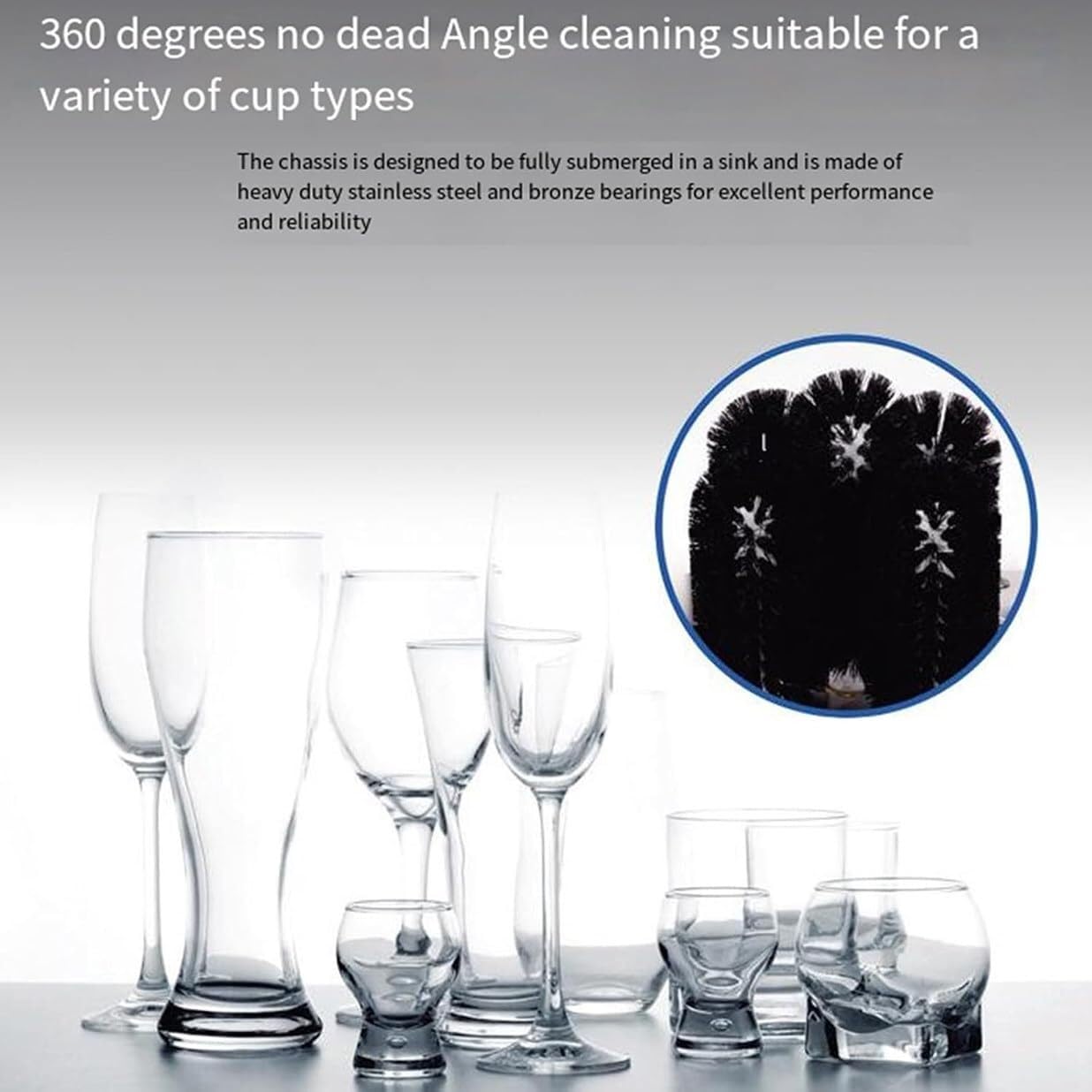 Electric Glass Washer,5-Brush Commercial Automatic Glass Cleaning Machine, for Long Leg Cup, Red Wine Glass, Bar Kitchen Sink, 600-800 Cups/Hour