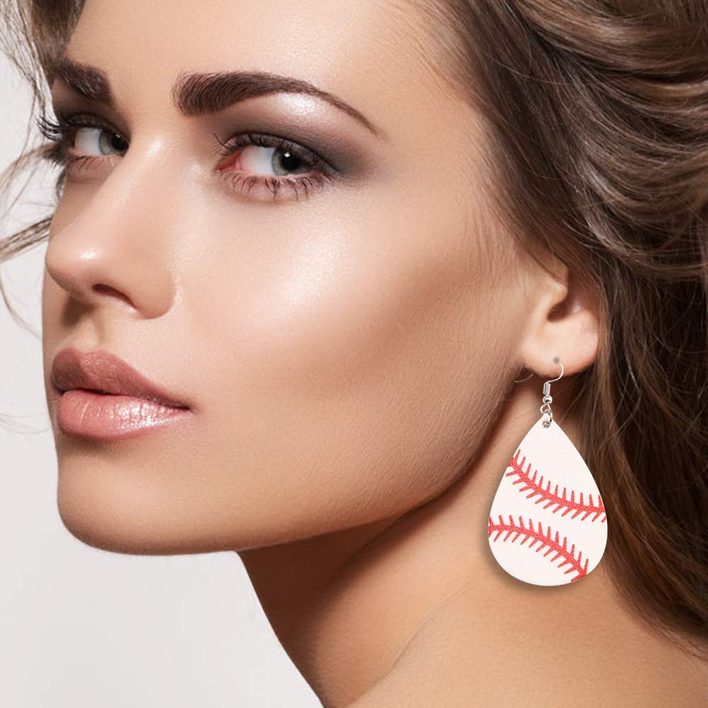 Baseball Leather Earrings for Women Lightweight Faux Leather Earrings Teardrop Ball Leather Dangle Earrings 4 Pairs