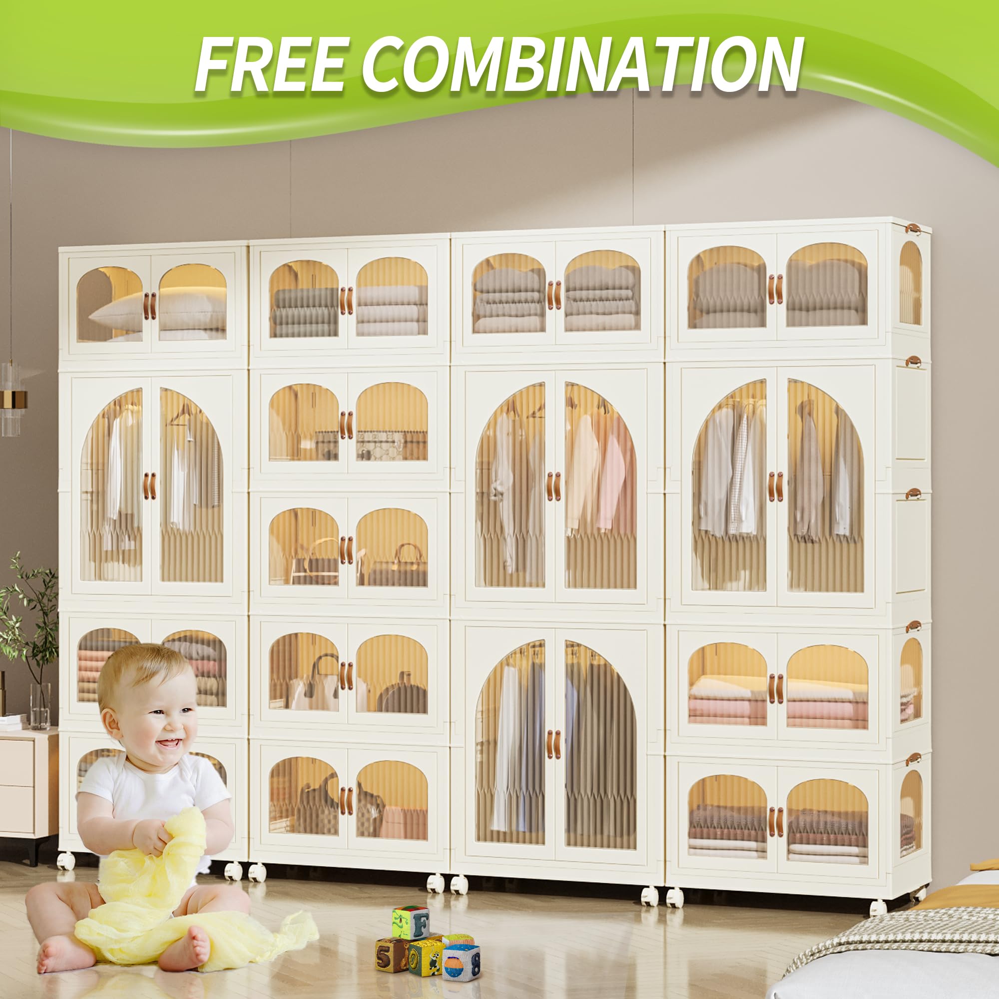 IVYROLL Stackable Storage Bins, Storage Bins with Lids, Plastic Storage Bins with Doors and Wheels, Collapsible Closet Organizers, 3 Pack Foldable Storage Box for Bedroom, Dorm Room