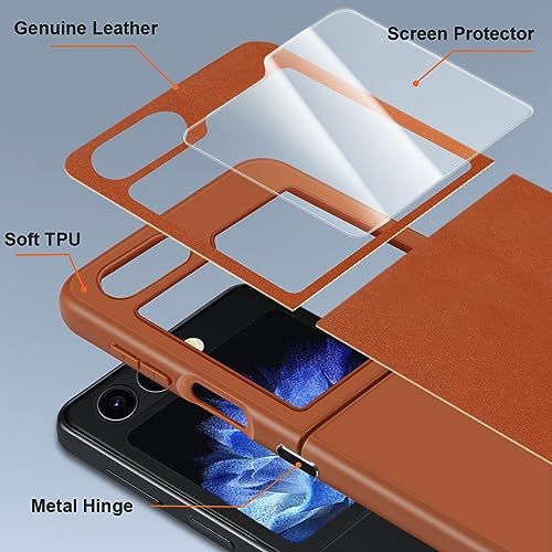 KEZiHOME Samsung Galaxy Z Flip 5 Case,Genuine Leather Samsung Z Flip 5 Case with Camera Lens Cover,Durable Slim Thin Full-Body Protective Phone Case Compatible with Galaxy Z Flip 5 5G (Khaki)