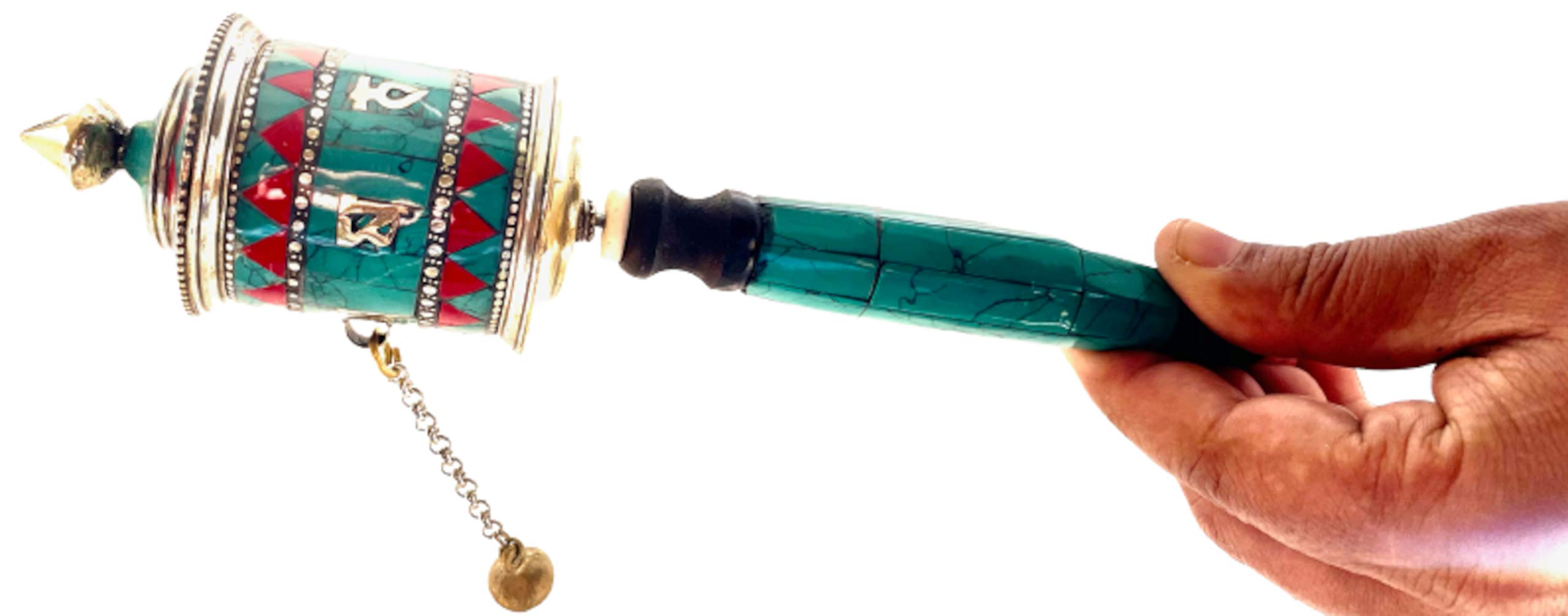 QT S Buddhist Copper & Stone Set Hand-Held Prayer Wheel - Hand carved 9 Inch with Authentic Wooden Handle Made in Buddha Born Country, Nepal