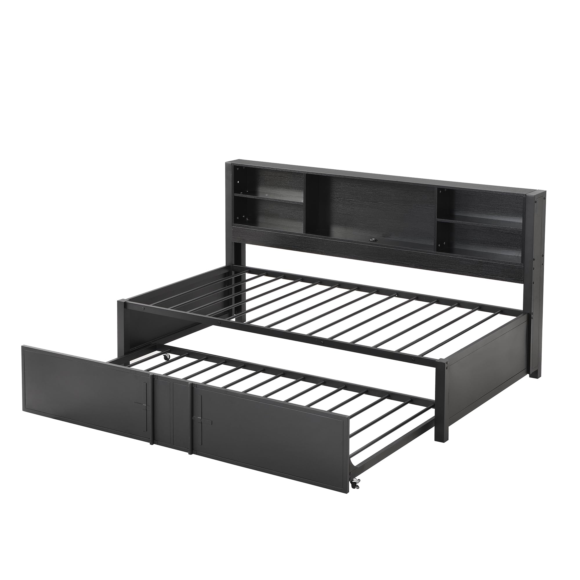 LostCat Full Size Daybed with Storage Bookcases, Wood Day Bed with Sideboard Shelf, Wood Slat Support, Easy Assembly, White Oak