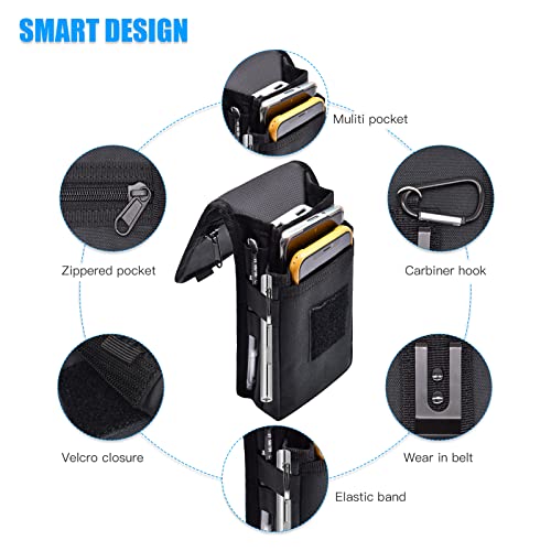 KATOLK Dual Phone Holster,Belt Pouch, Large Smartphone Pouch Cell Holder, Multi-Purpose Tactical Case, Holder for Work, Hiking, Camping, Barbecue, Rescue (Black)