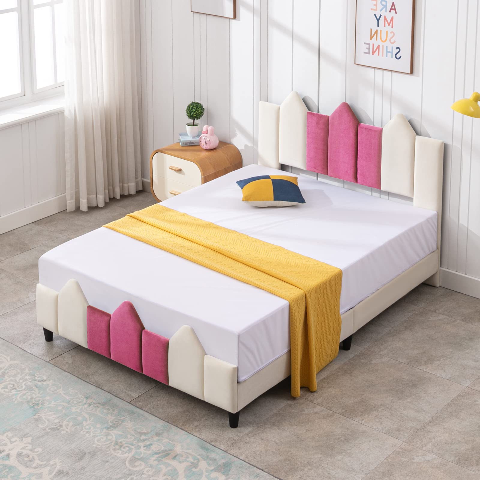 Mixoy Twin Size Kids Bed Frames,Upholstered Twin Platform Bed Frame for Children with Headboard,Toddler Bed for Girls, Teens,No Box Spring Needed, Easy Assembly(Pink/White,Twin)