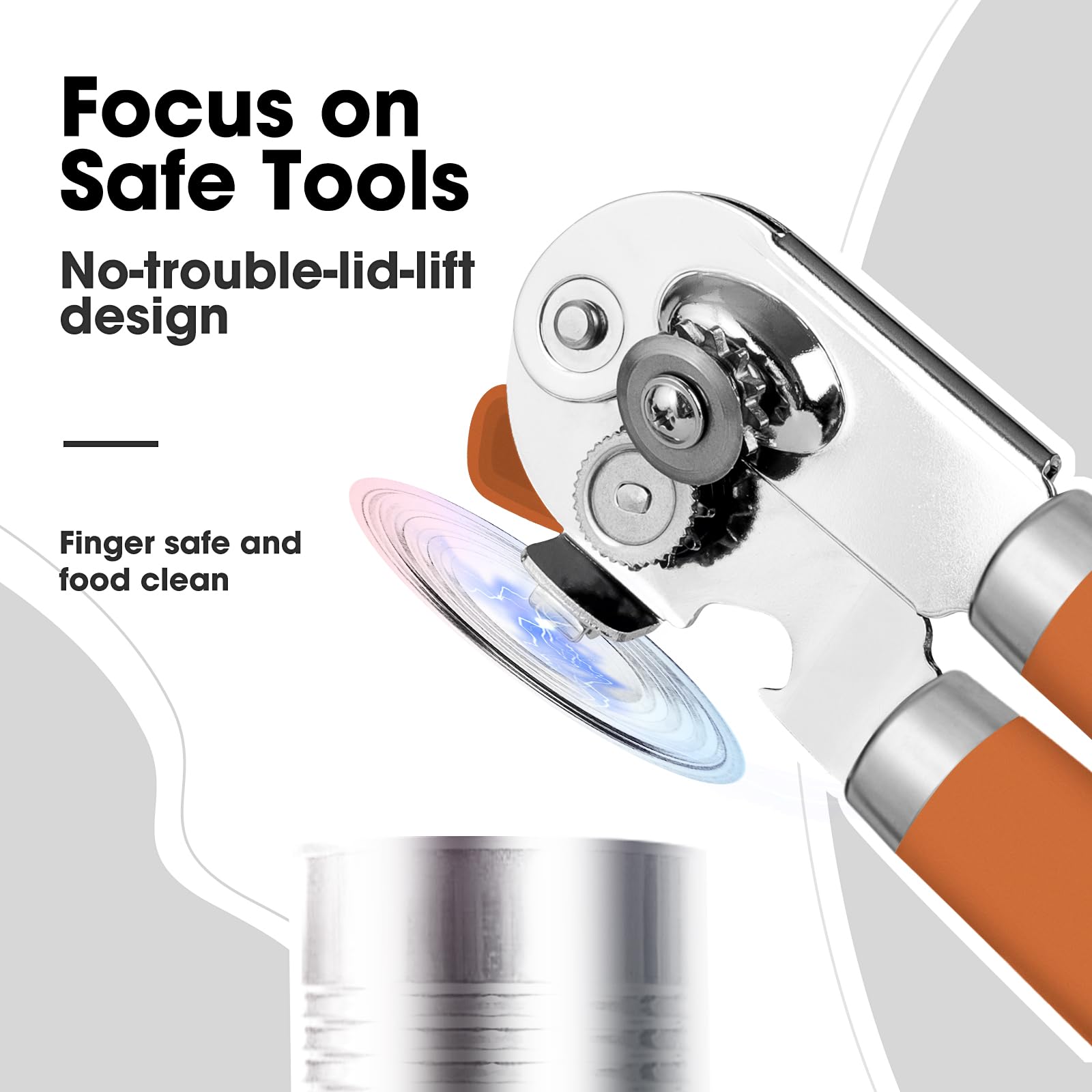 Can Opener Manual, Can Opener with Magnet, Hand Can Opener with Sharp Blade Smooth Edge, Handheld Can Openers with Big Effort-Saving Knob, Can Opener with Multifunctional Bottles Opener, Orange