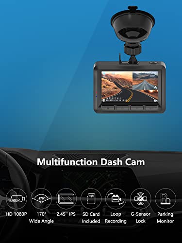 Dash Cam Front and Rear, 1080P Full HD Dash Camera for Cars with 32GB SD Card, 2.45'' IPS Screen, 170°Wide Angle, Night Vision, Parking Monitor, Loop Recording, Motion Detection