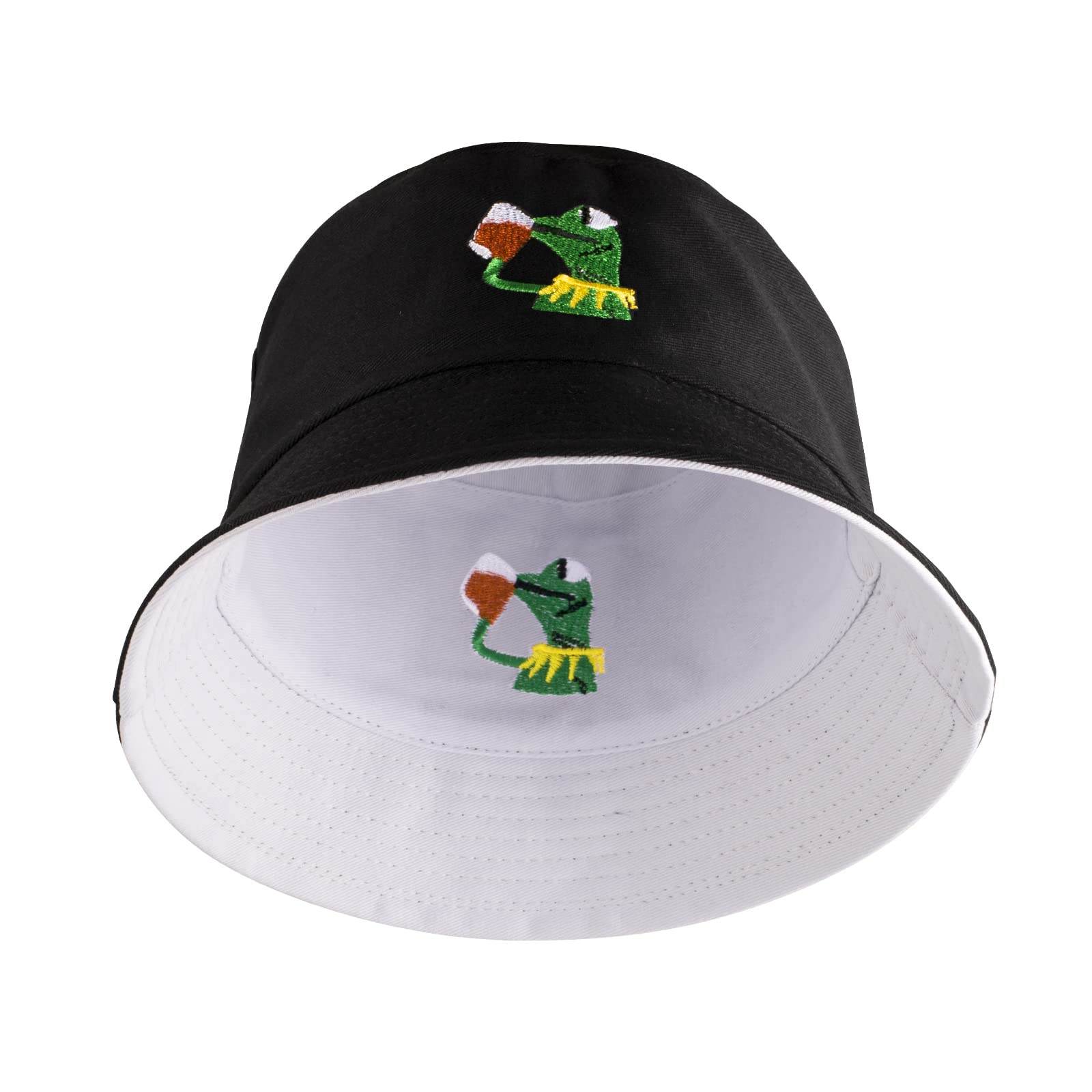 Bucket Hat for Women Men-kermit frog Embroidery Bucket Hat -Double Sided Wear Reversible Summer Sun Hat Black and White