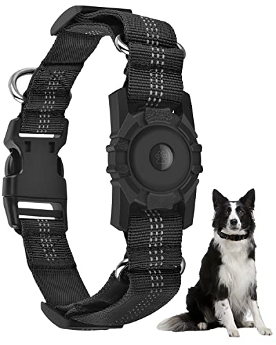 KATUMO AirTag Dog Collar, Reflective Dog Collar for Apple AirTag, Adjustable Soft Nylon Pet Collars with AirTag Holder for Medium Dogs (M, Black)