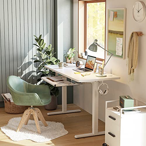 BANTI 40" x 24" Height Adjustable Electric Standing Desk with Keyboard Tray, Sit Stand up Desk with Splice Board, White Frame/White Top