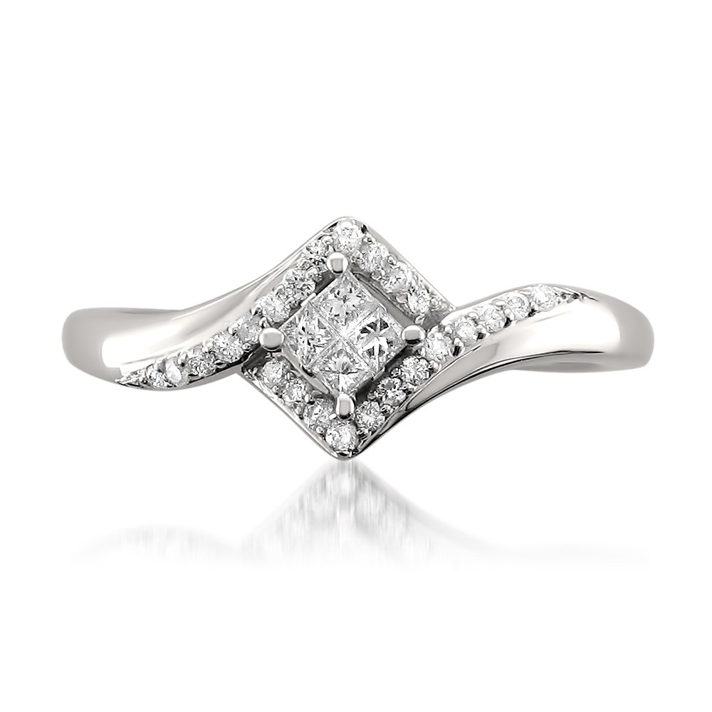Beyond Brilliance 1/4 Carat Diamond, Invisible-Set 14K White Gold Princess Cut & Round Diamond Invisible-Set Engagement Ring (I-J, I1-I2)