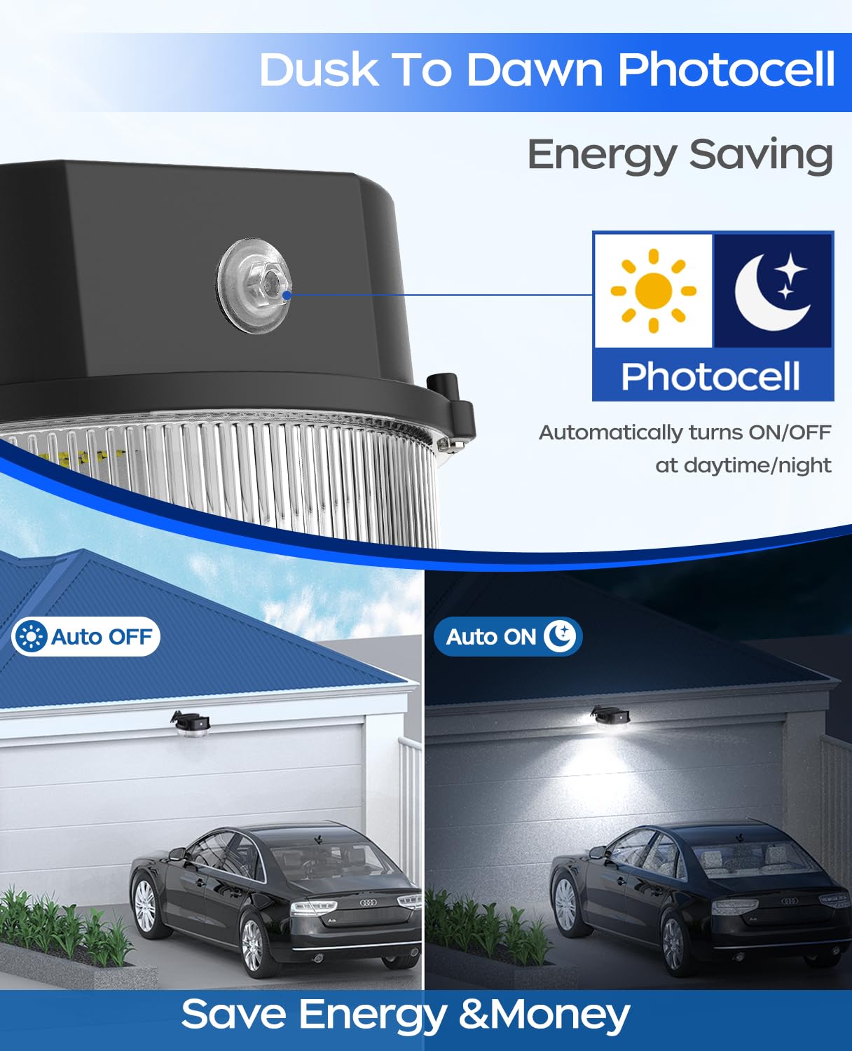 CINOTON 42W LED Barn Light Dusk to Dawn Outdoor Lighting, Black 1 Pack & 26W LED Wall Pack Light with Dusk to Dawn Sensor White 2 Pack