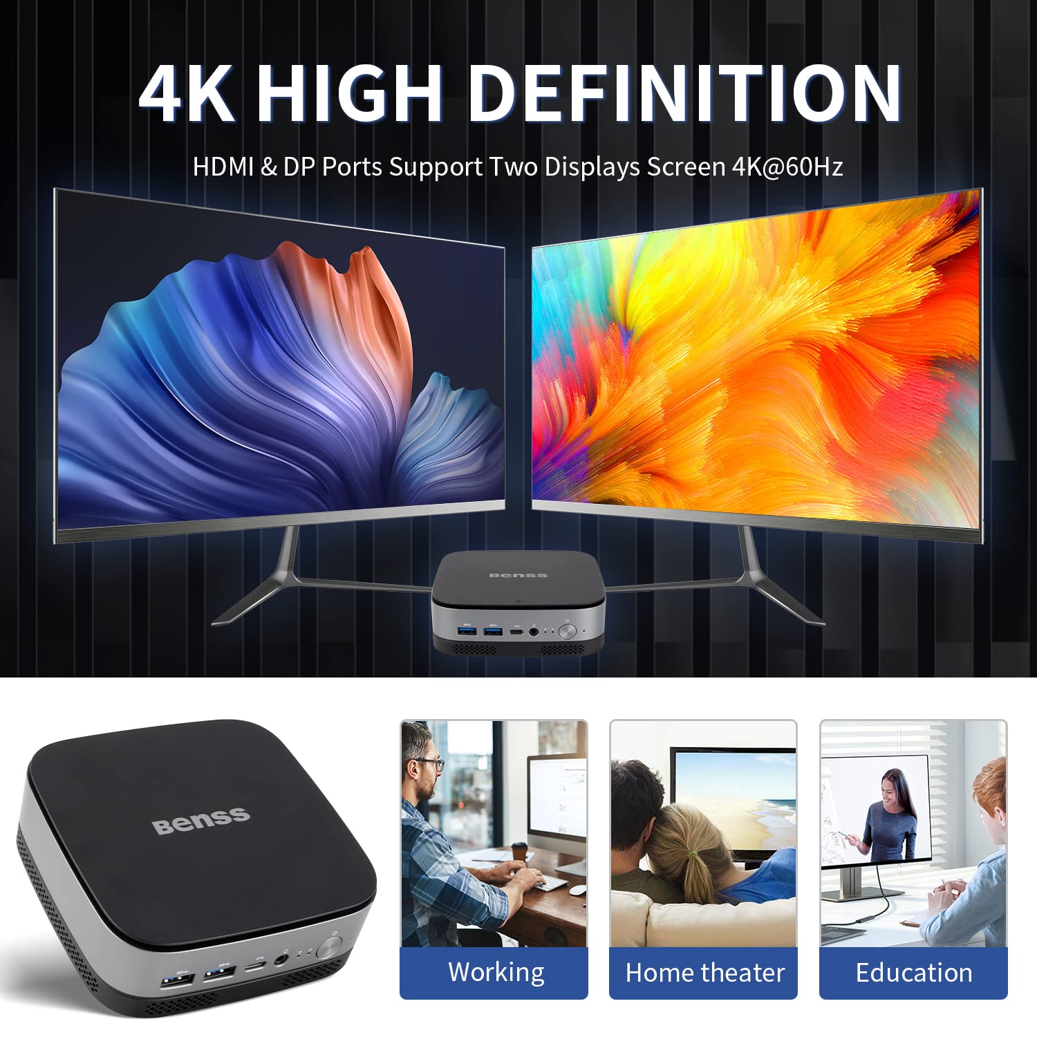 Benss Mini PC, Mini Intel 11th Gen 4 Cores N5095, Mini Desktop Computer 8GB DDR4 RAM 256GB SSD, Small Mini Computer Supports HDMI and DP 4K UHD/Gigabit Ethernet/Dual WiFi/BT/VESA for Home/Office