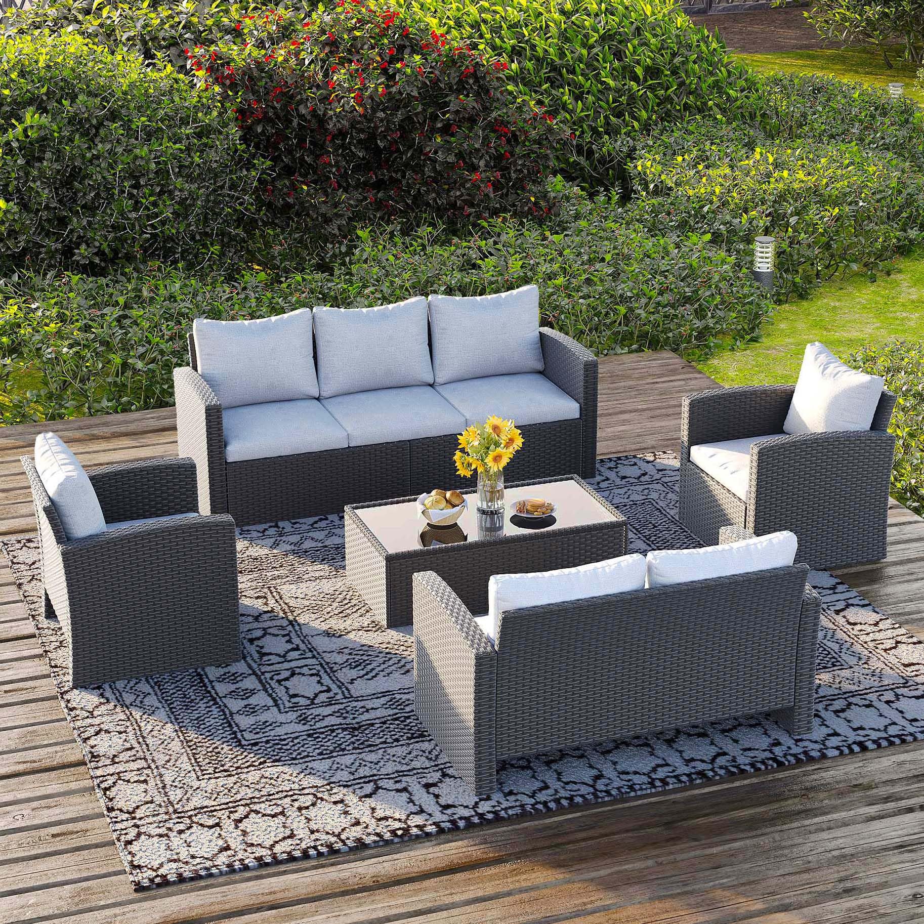 RoyalCraft 5 Pieces Patio Furniture Set, All Weather PE Wicker Rattan Outdoor Furniture with Coffee Table and Loveseats, Outdoor Sectional Sofa for Lawn Backyard Poolside Porch Garden, Grey