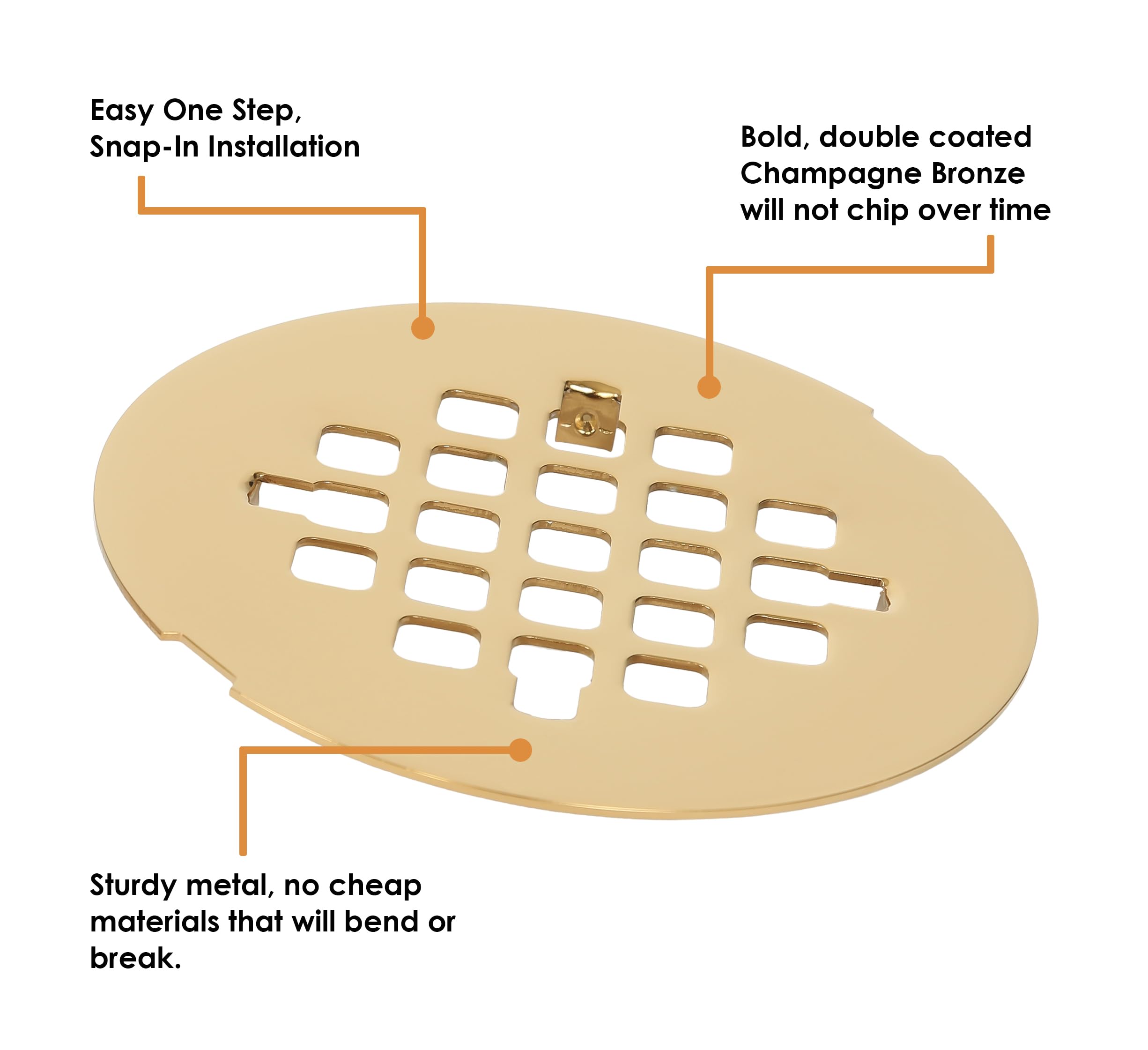 LXLOTUS 4 ¼” Polished Gold Snap-in Shower Drain Cover - Polished Brass Replacement - 4.25" OD Shower Drain Strainer - Easy Install - Premium Round Shower Drain Cover - Solid Brass Construction