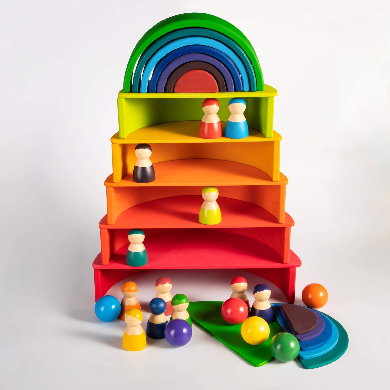 MERRYHEART Wooden Rainbow Semicircle Stacker Toys, 11Pcs Semicircle Rainbow Stacking Puzzle, Rainbow Building Blocks Board Set for Kids, Learning Creative Thinking Toys