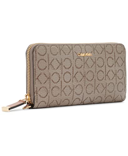 Calvin Klein Women's Key Item Saffiano Continental Zip Around Wallet with Wristlet Strap, Modern Taupe/Almond/Taupe Linear, One Size