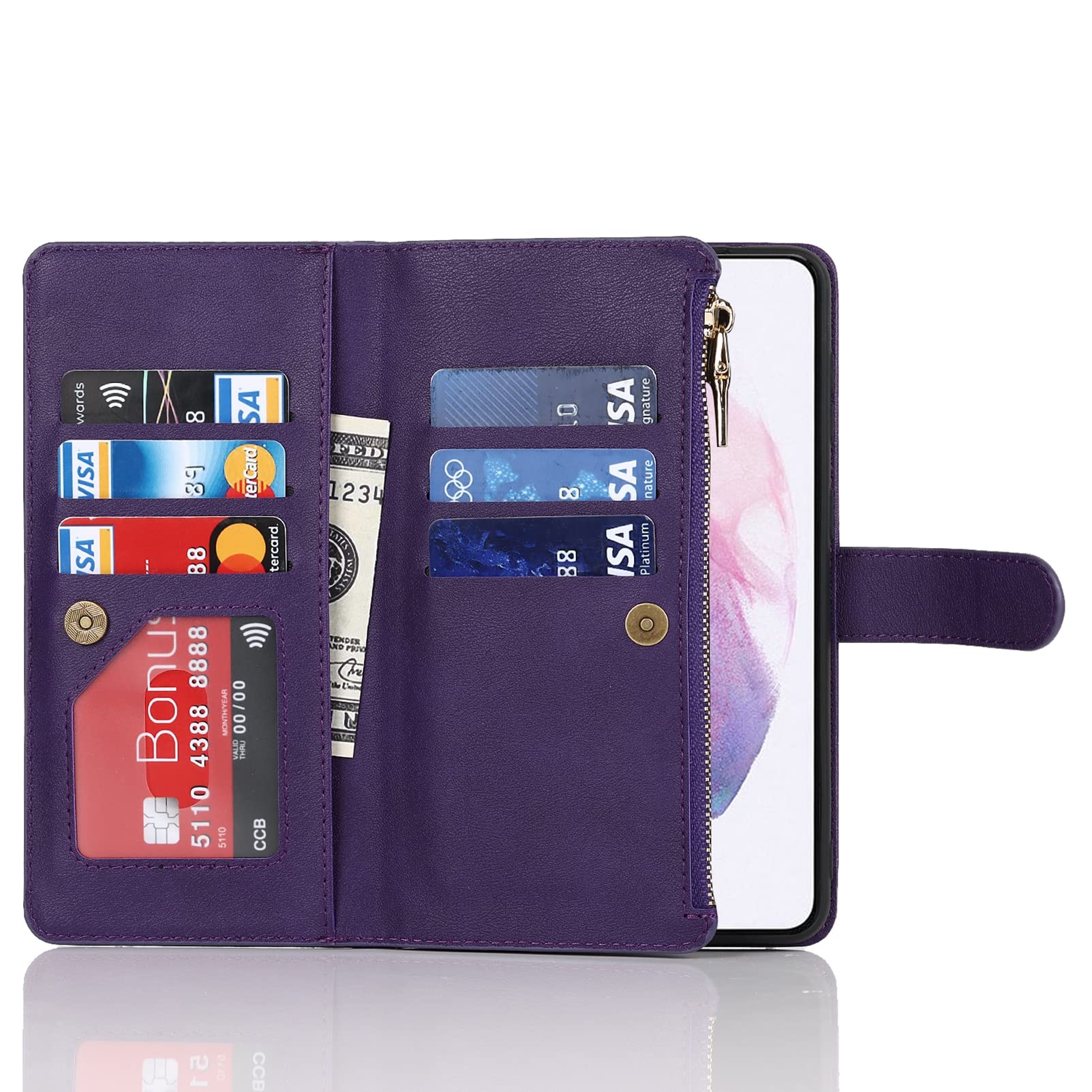 Jaorty Samsung Galaxy A32 5G Wallet Case,[9 Card Slots] Removable Adjustable Crossbody Necklace Lanyard Shoulder Strap Zipper Magnetic Leather Case for Samsung Galaxy A32 5G,6.5 inch Purple