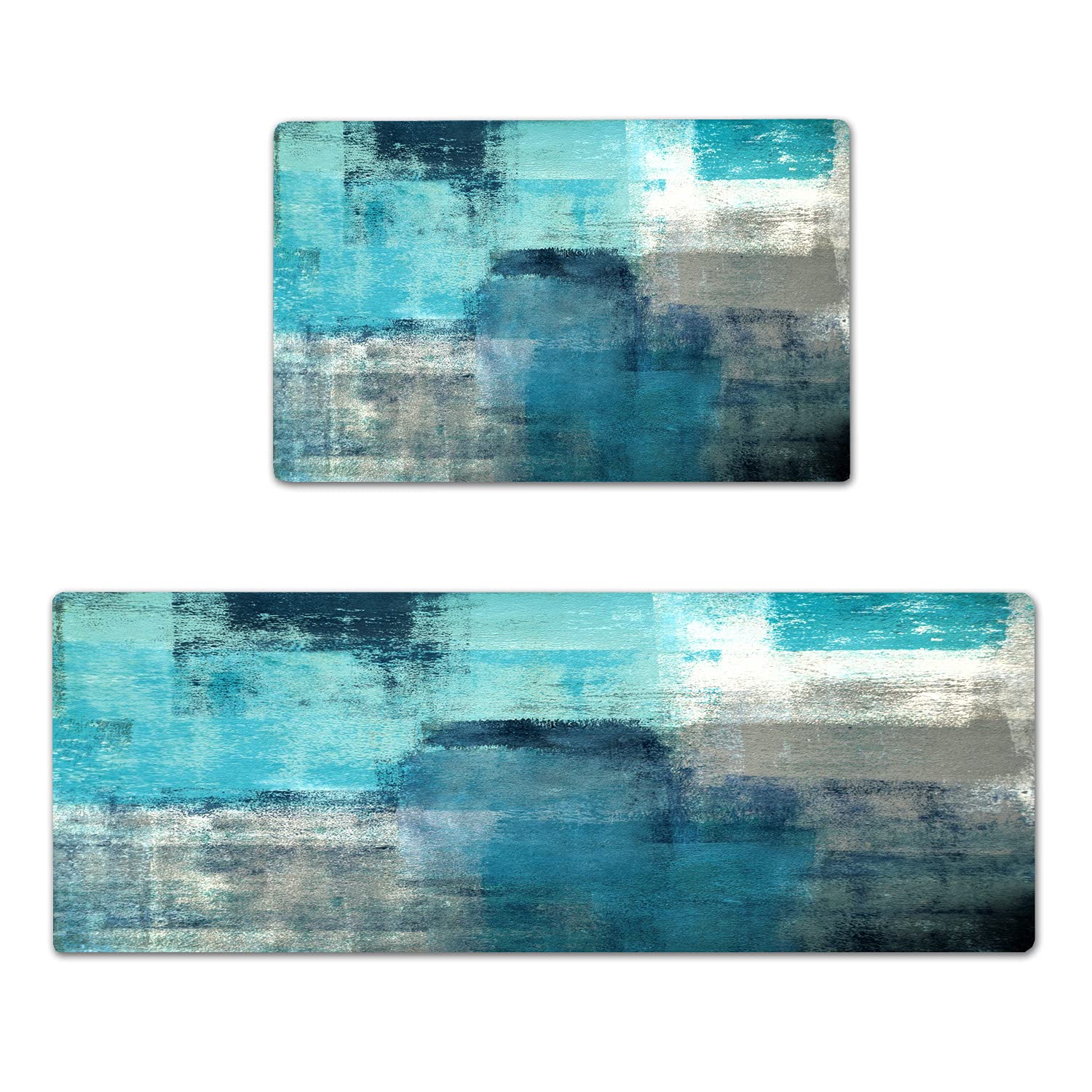 BrilliStar Kitchen Mat 2 PCS Teal Kitchen Rugs and Mats Turquoise and Grey Abstract Art Cushioned Anti-Fatigue Kitchen Rugs 17"X48"+17"X24" Kitchen Decor Non-Slip Kitchen Rug Set for Kitchen Floor