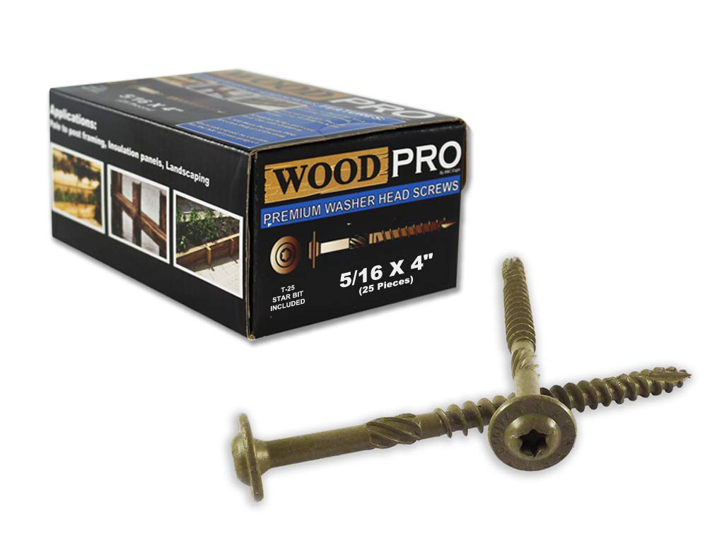 WoodPro Fasteners ST516X4-25PC 5/16-Inch by 4-Inch Length Round Washer Head Exterior Wood Screws, 25-Pack , Gold