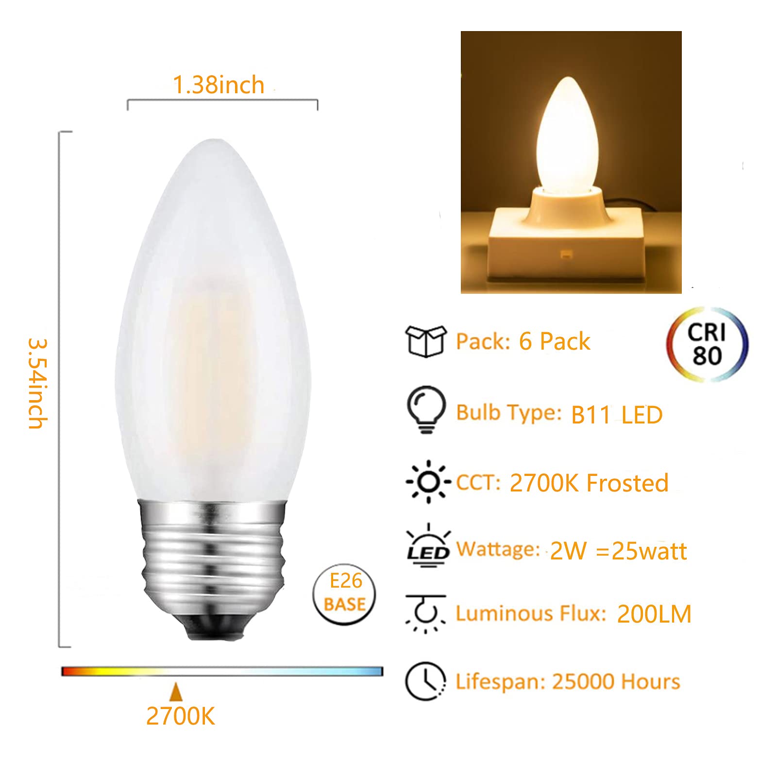 Beonllay B11 LED Filament Frosted Chandelier Light Bulb 25W Equivalent Torpedo Tip E26 Candelabra Base 2W Dimmable 2700K Soft White Decorative Candle Light Bulb, 6 Pack