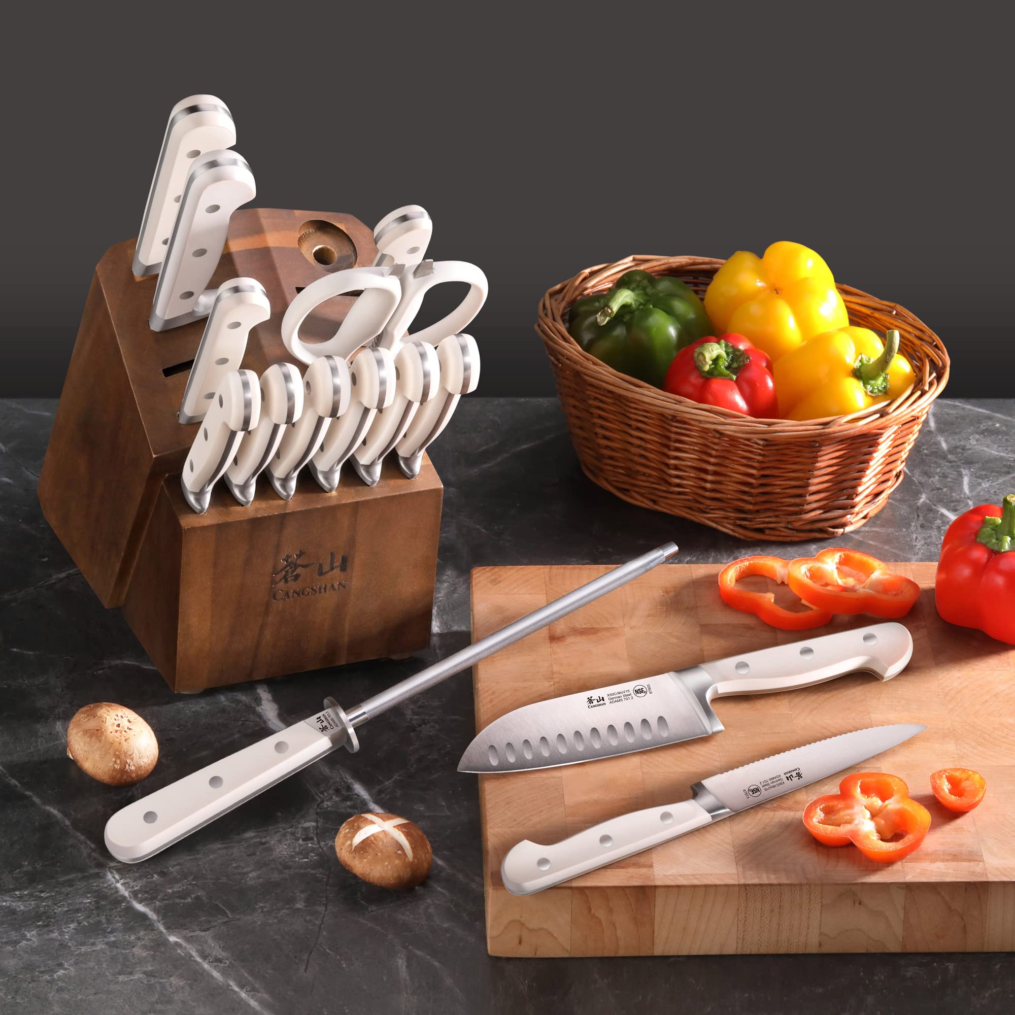 Cangshan Adams Series 1027273 German Steel Forged 15-Piece Knife Block Set, White