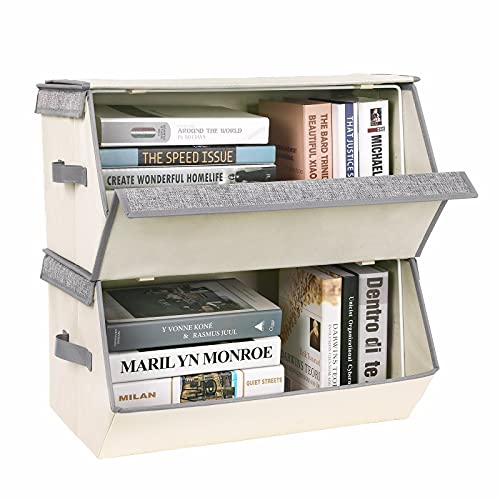 SONGMICS Large Bins with Lids and Handles, Stackable Storage Organizers with Linenette and Oxford Fabric for Clothes and Kid’s Toys, Set of 2, Gray and Beige URLB03GE