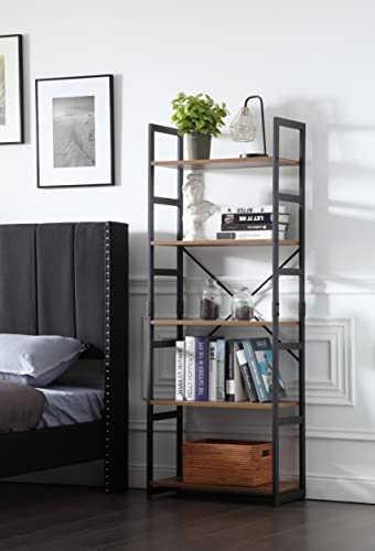 JUSTONE 5 Tier Bookshelf, Tall Bookcase Shelf Storage Organizer, Industrial Book Shelf for Bedroom, Living Room and Home Office,Metal Frame with Wood Board | Rustic + Black,Vintage