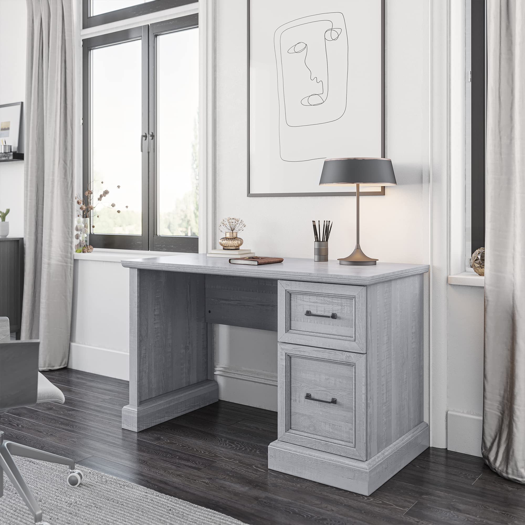 BELLEZE 62 Inch Executive Home Office Computer Desk Table with Two Storage Drawers, Two File Drawers, Slideout Keyboard, and Mouse Shelf - Rhudi (Stone Gray)