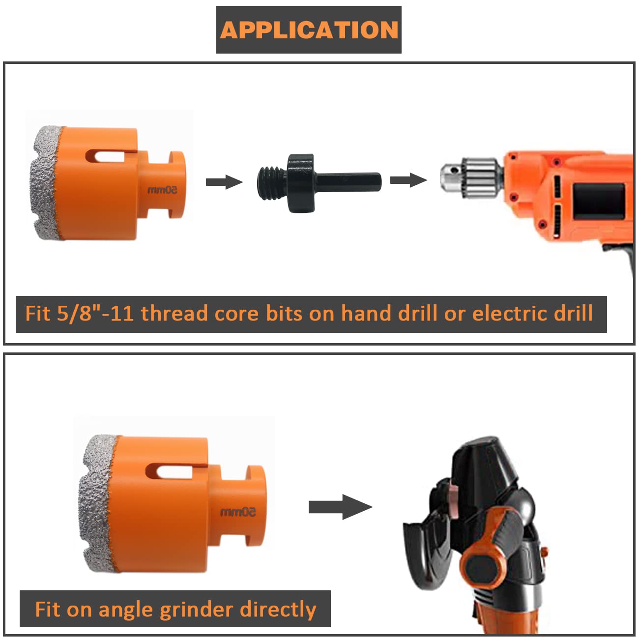 BeQell 1-3/4" Diamond Core Drill Bit 45mm 5/8-11 Thread Diamond Hole Saw for Porcelain Tile Ceramic Marble Brick Granite Drilling & 3/8" Hex Shank Adapter