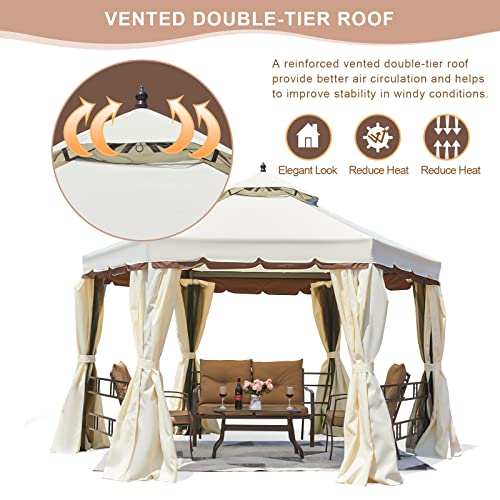 Erommy 12FT Outdoor Canopy Gazebo Hexagonal, Double Roof Patio Gazebo Steel Frame Pavilion with Netting and Shade Curtains for Garden,Patio,Party Canopy, Cream