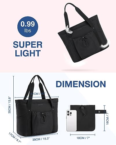 BAGSMART Women Foldable Tote Bag with Drawstring Storage Bag, Large Tote Bag Shoulder Bag Top Handle Handbag for Travel, Work, Beach, Gym, Shop, (Black)